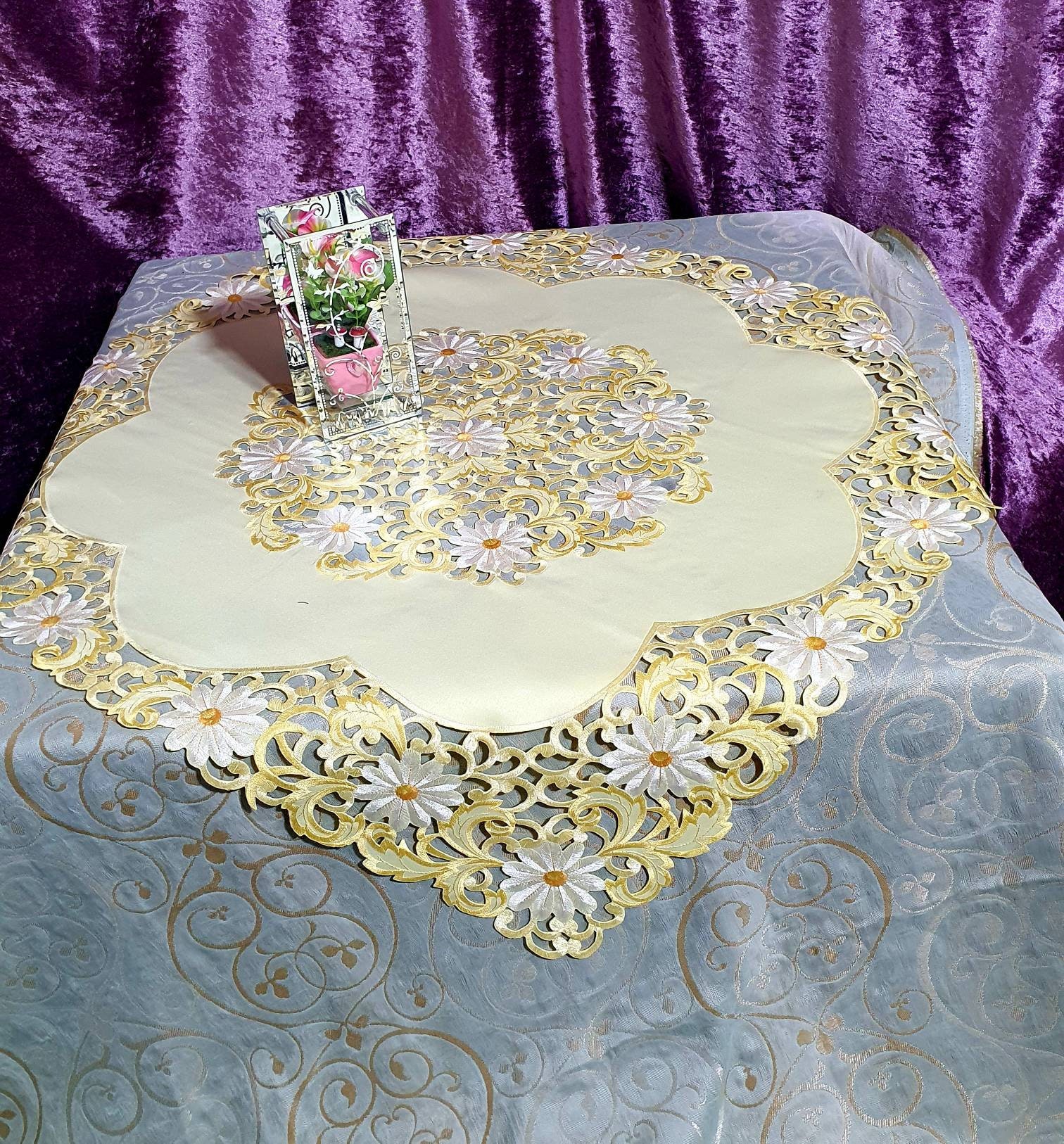 Summer Yellow Table Topper White Green Flower Embroidered - Etsy
