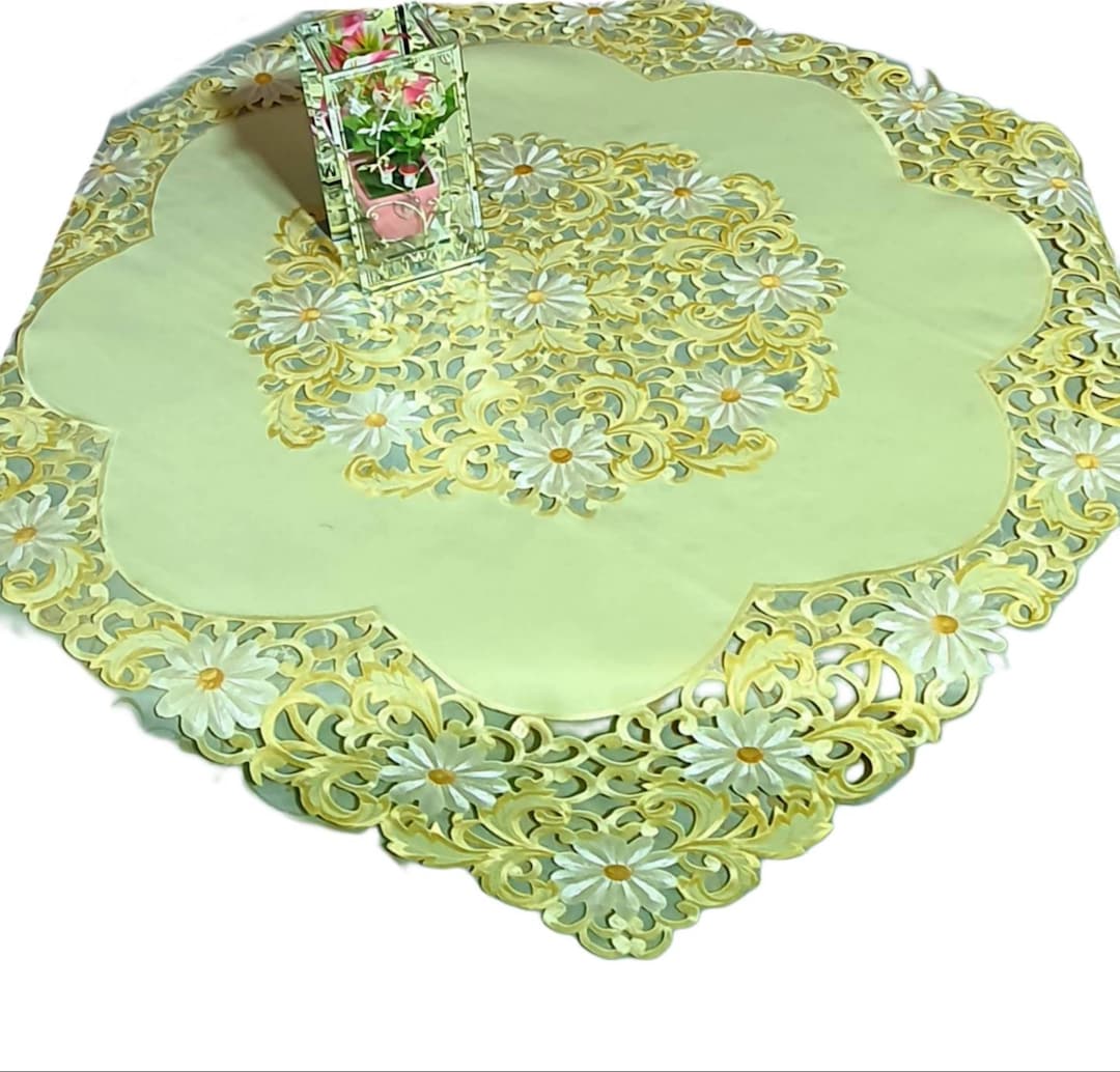 Summer Yellow Table Topper, White Green Flower, Embroidered, Rustic ...