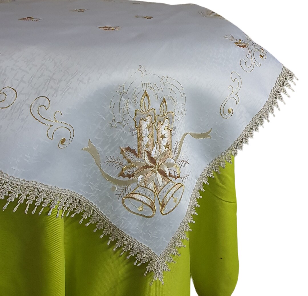White Christmas Table Topper, Gold Metallic Embroidered Table Topper ...