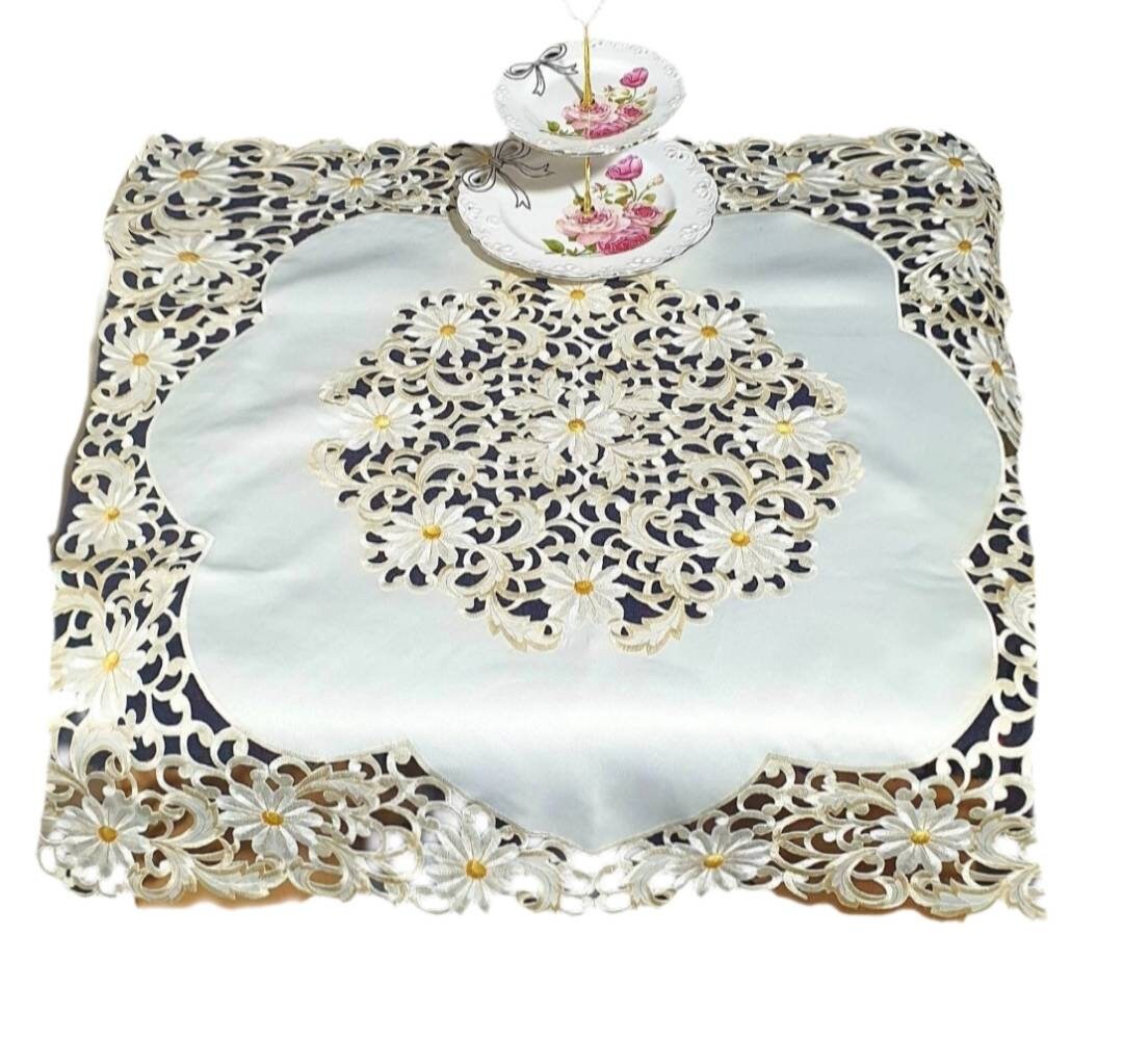 Summer Ecri Table Topper, Yellow Flower, Embroidery Richelieu, Rustic ...