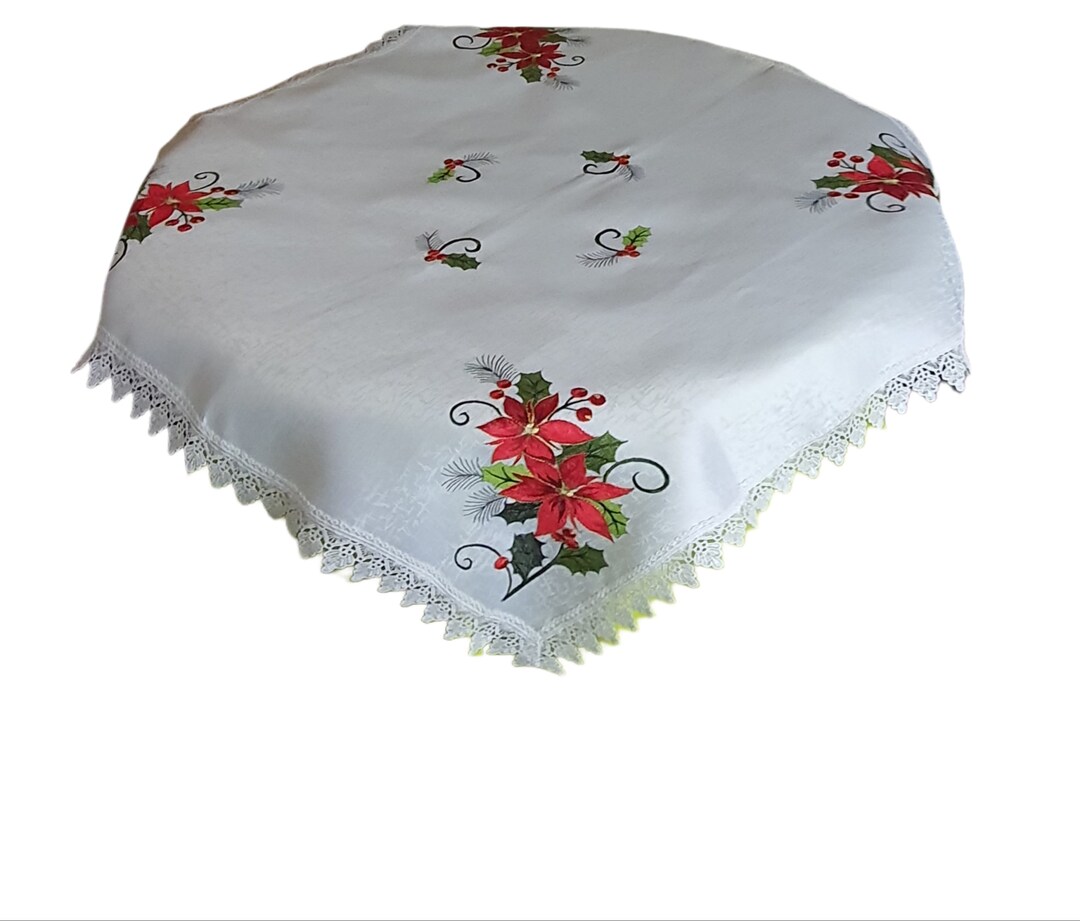 White Christmas Table Topper, Christmas Red Flower Embroidered Table ...