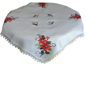 White Christmas Table Topper, Christmas Red Flower Embroidered Table ...