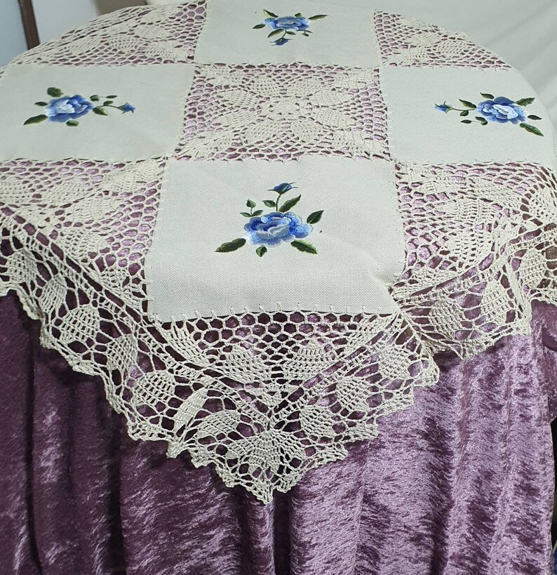 Summer Table Topper, Linen, Blue Embroidered & Crochet Doily, Rustic ...