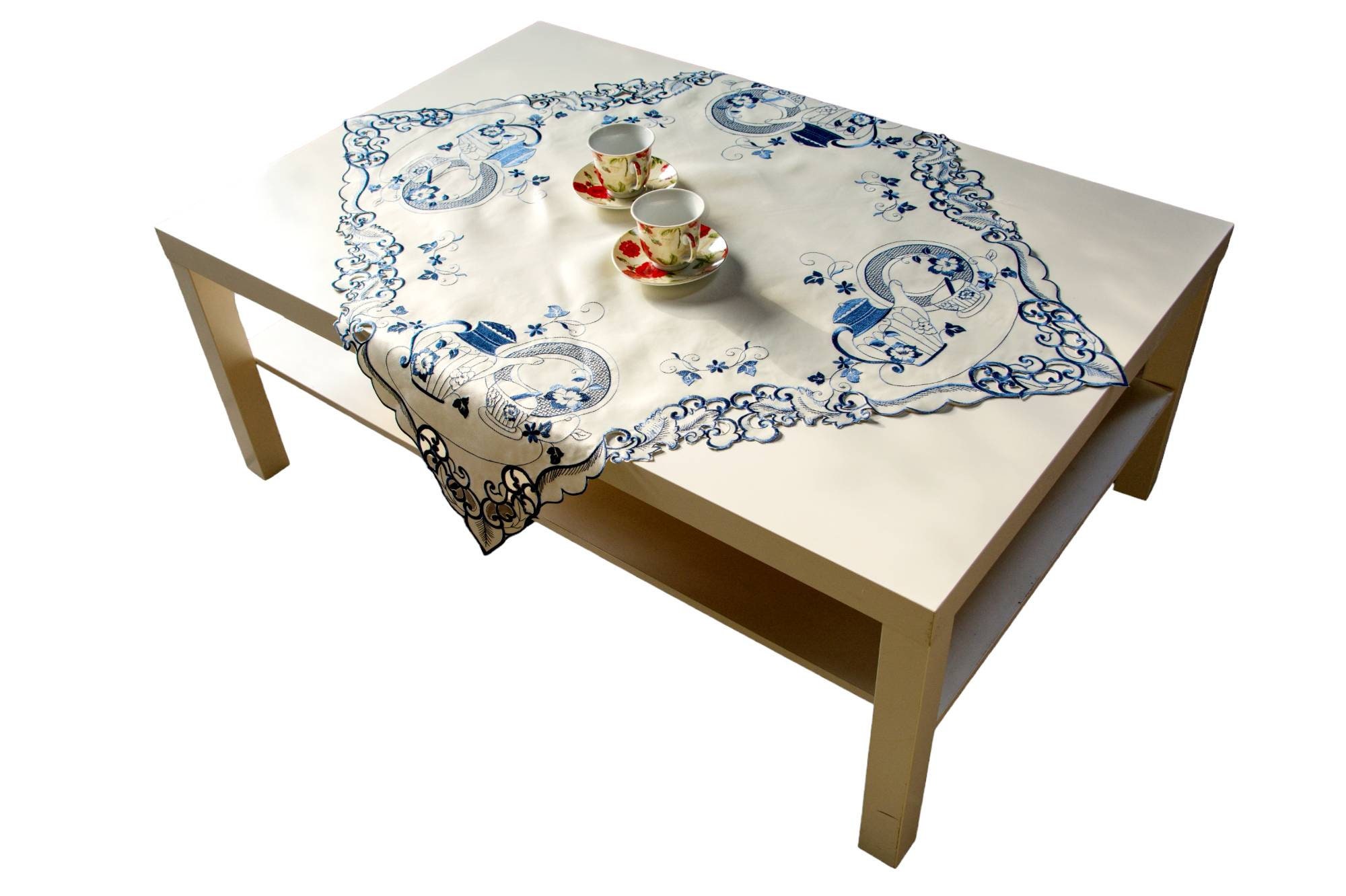 White Table Topper, Blue Embroidered Richelieu, Rustic Table, Kitchen ...
