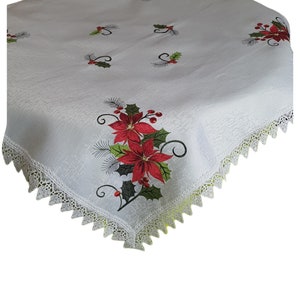 White Christmas Table Topper, Christmas Red Flower Embroidered Table ...