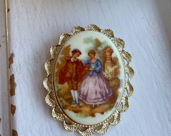 Vintage Porcelain FRAGONARD Courting Couple Brooch Pin Pendant, Signed ...