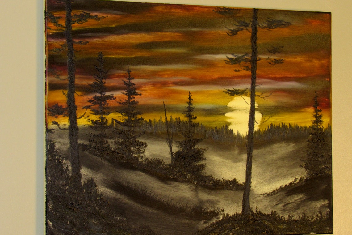 18x24 Evergreens at Sunset Bob Ross Inspired Oil Painting on Canvas - Etsy