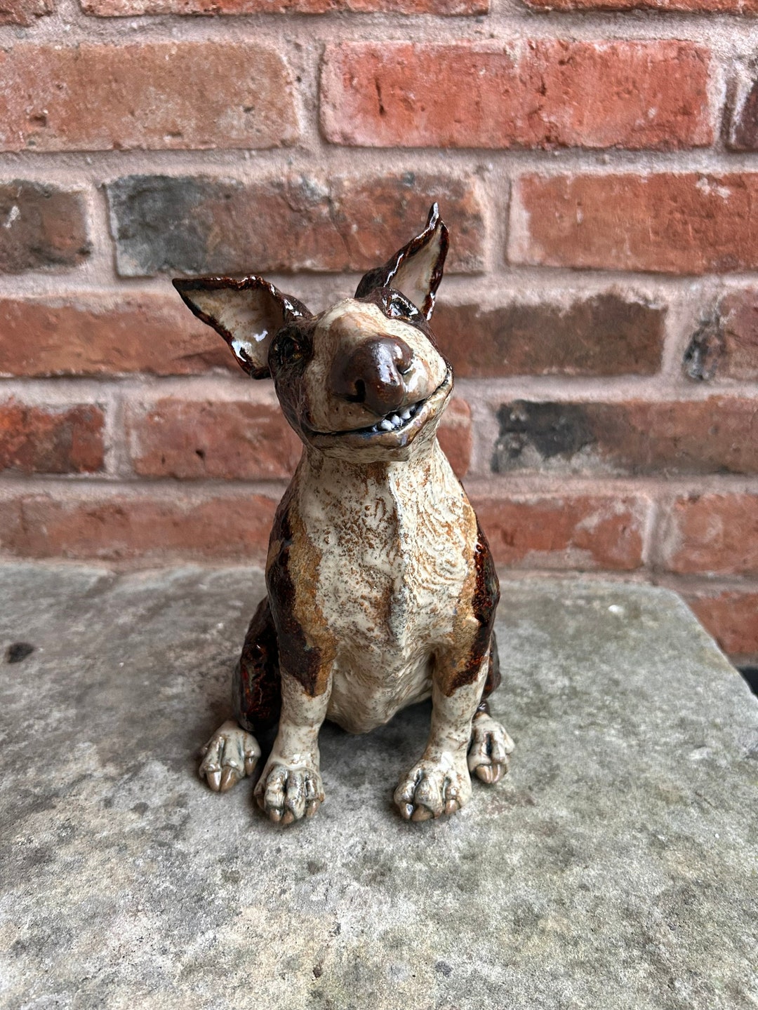 Bull Terrier Sitting Ceramic Pottery Brown Brindle White Whimsical Individual Original British ...