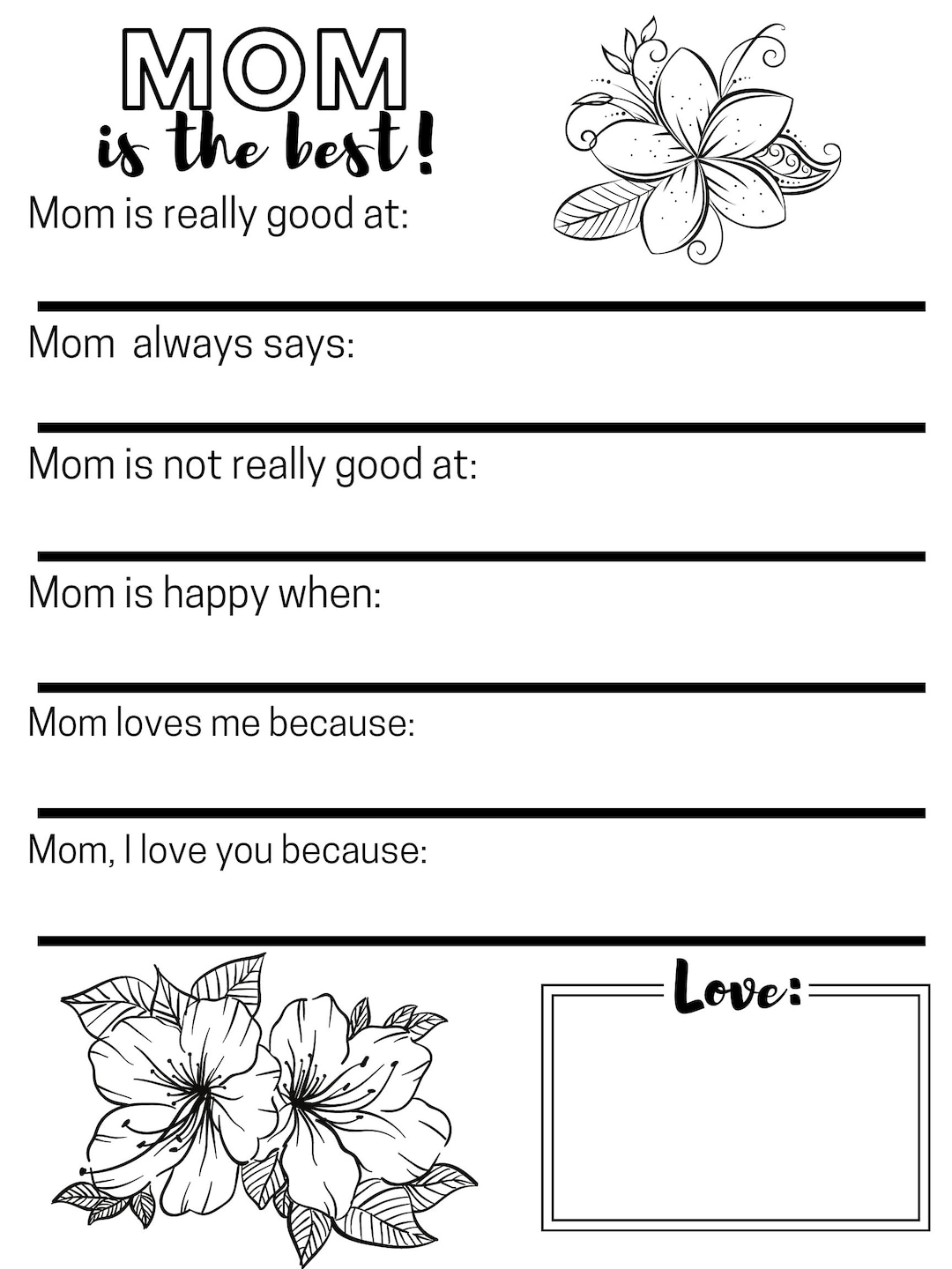 PRTINTABLE Mother's Day Card and Coloring Worksheet - Etsy