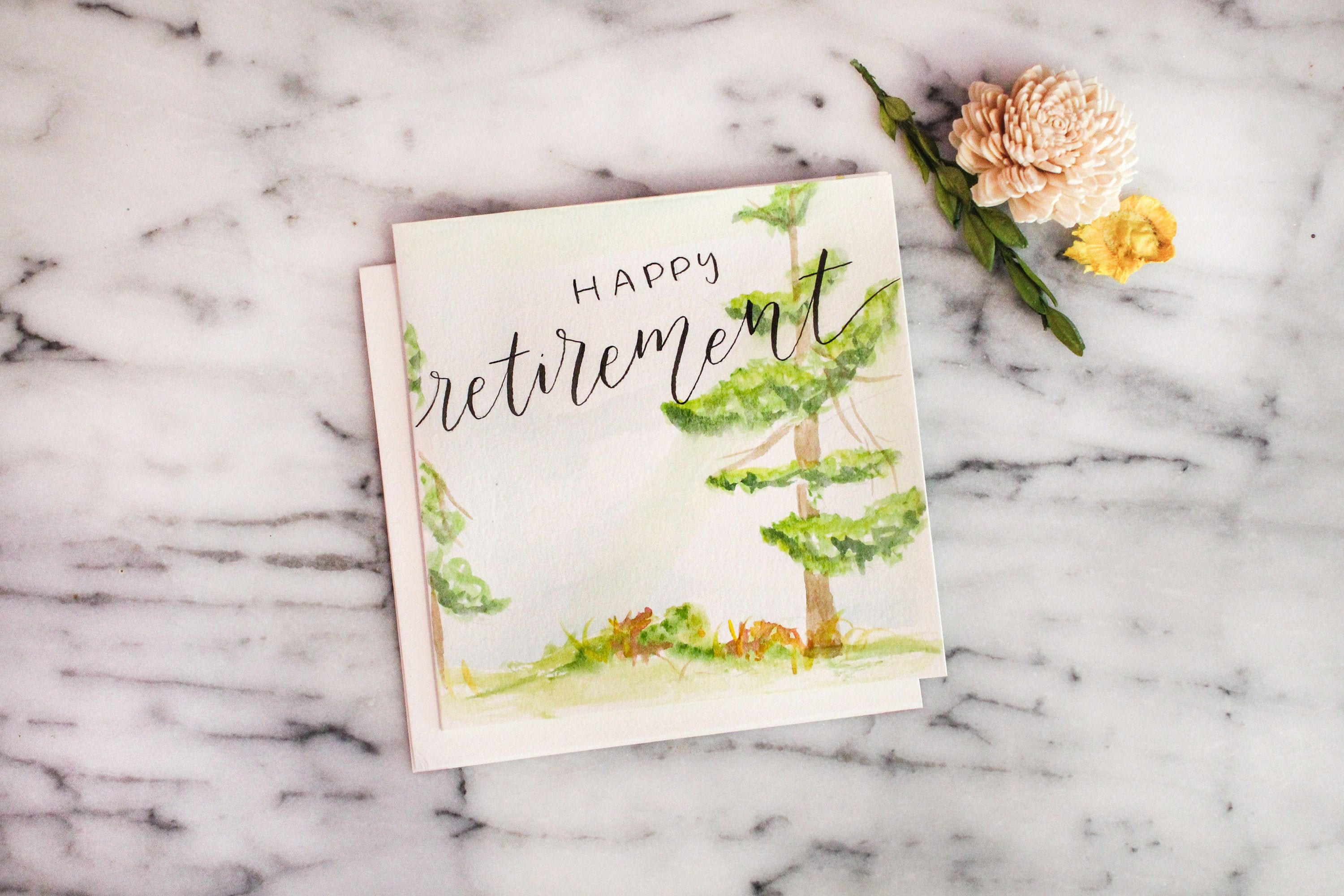 Watercolor Trees Hand Lettered Nature Themed Happy Retirement Card - Etsy