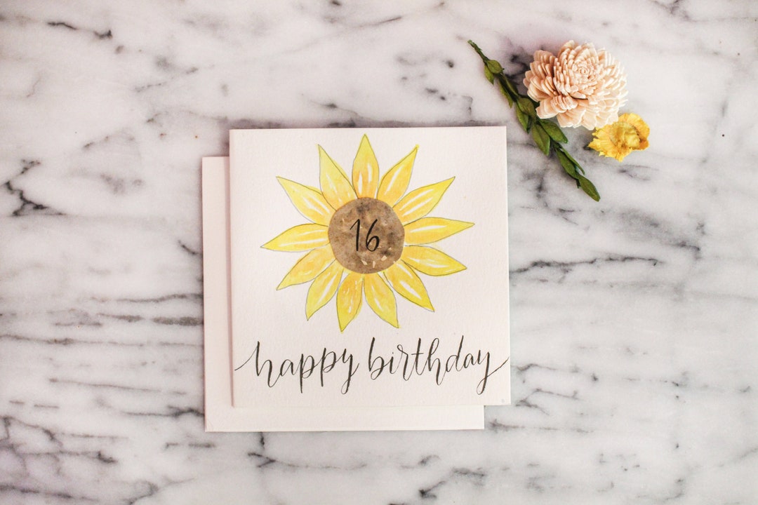 Custom Watercolor Hand Lettered Sunflower Spring Birthday Card With Age ...