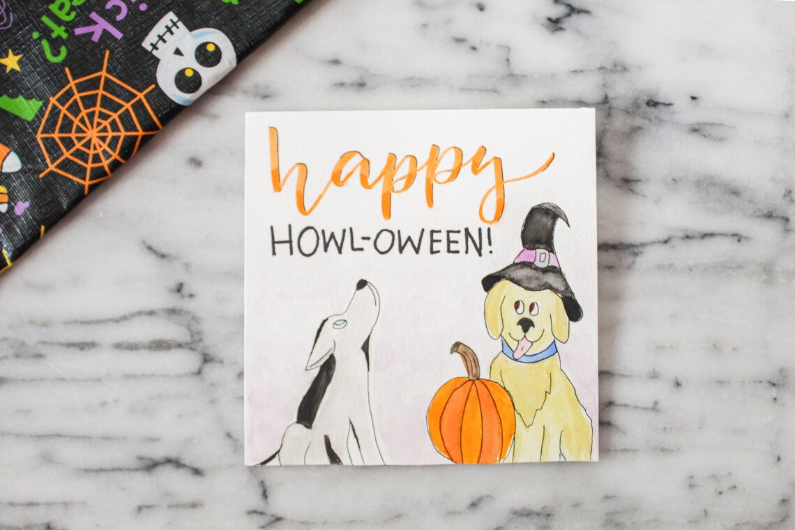 Watercolor Hand Lettered Happy Howl-oween Dog Themed Pun Halloween Card ...