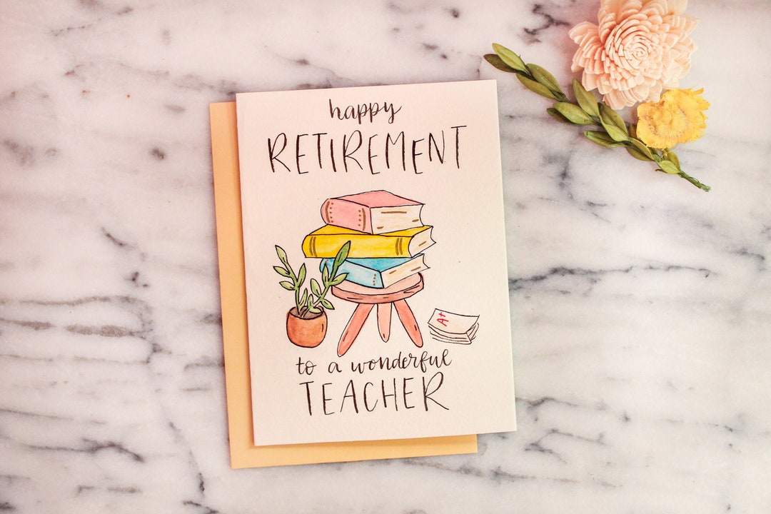 Cute Watercolor Hand Lettered Teacher Retirement Card, Books Theme - Etsy
