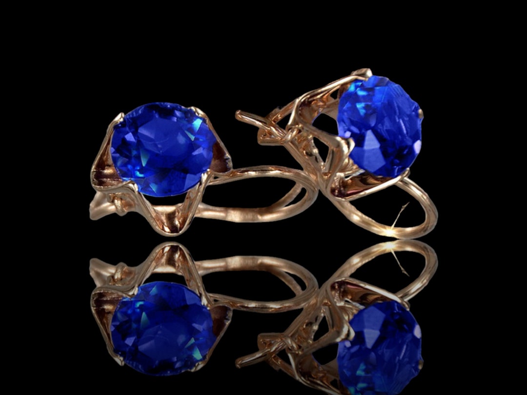 14 K Rose Gold Earrings Sapphire Silver 925, Soviet Model Earrings ...