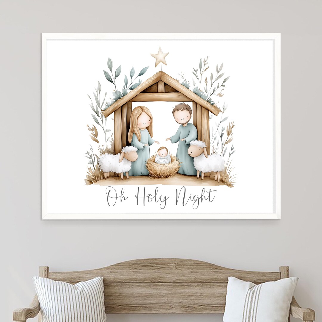 Watercolour Nativity Scene Christmas Print | Oh Holy Night | Digital ...