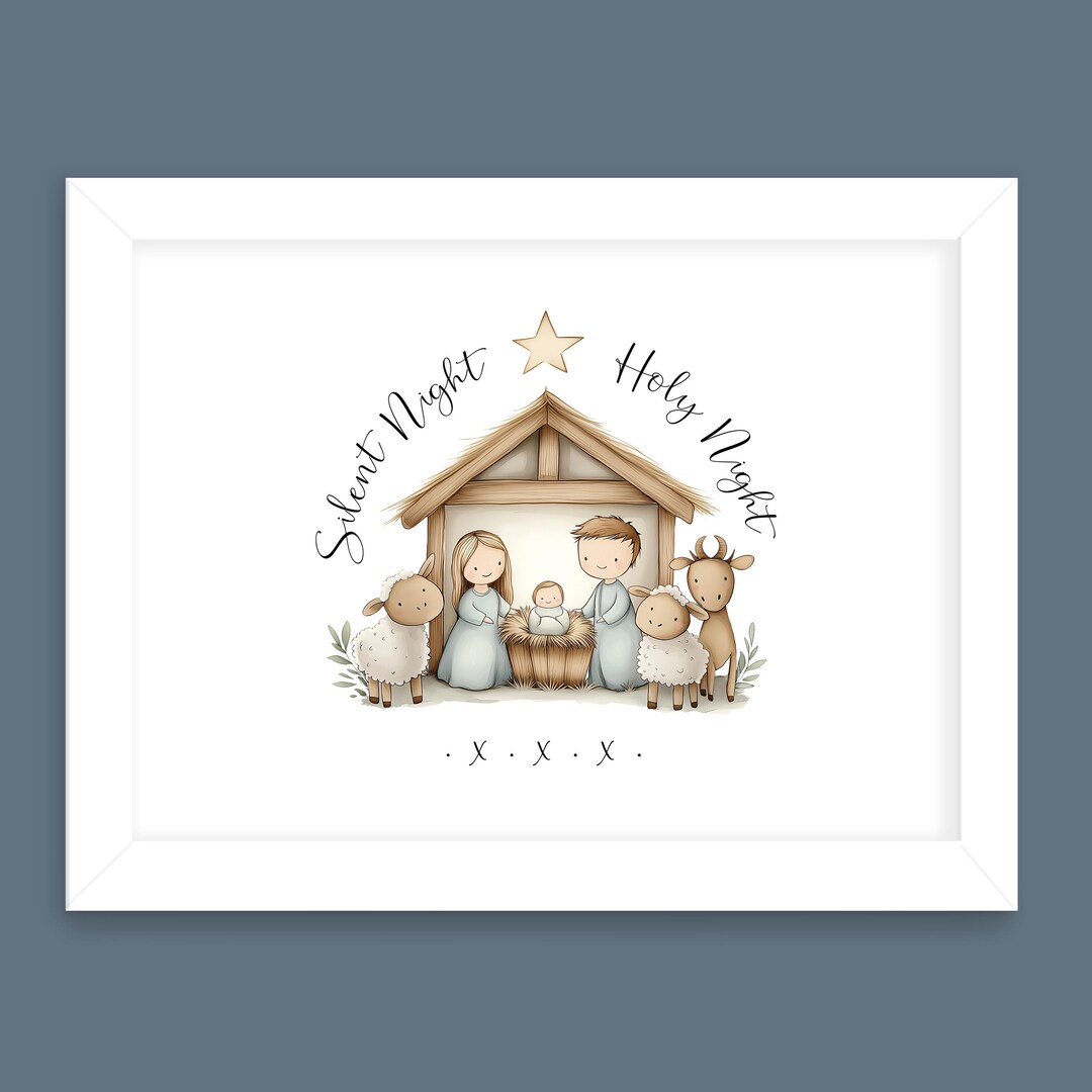 Cute Watercolour Silent Night Nativity Scene Christmas Print | Digital ...