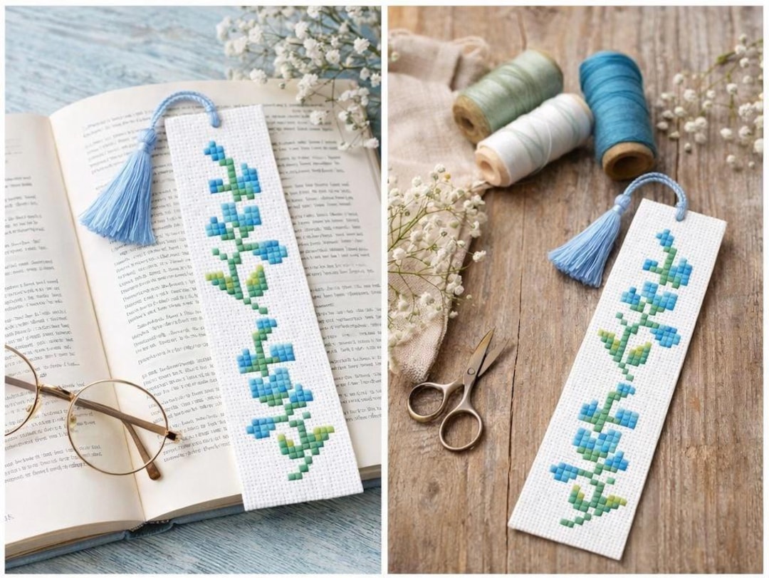 Blue Floral Bookmark Cross Stitch Pattern PDF | Botanical Stem ...