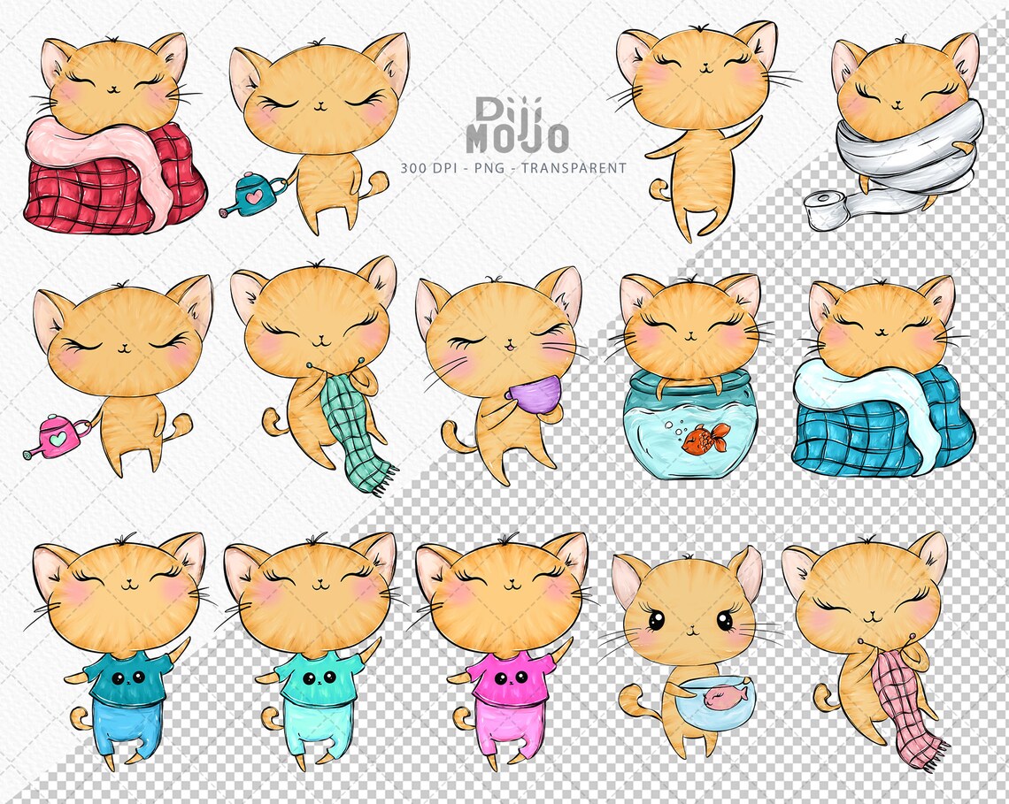 Cute Cat Clipart Pack | Orange Cats, Kawaii Kitty Illustrations for ...