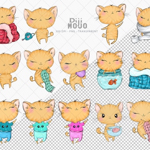 Cute Cat Clipart Pack Orange Cats, Kawaii Kitty Illustrations for ...