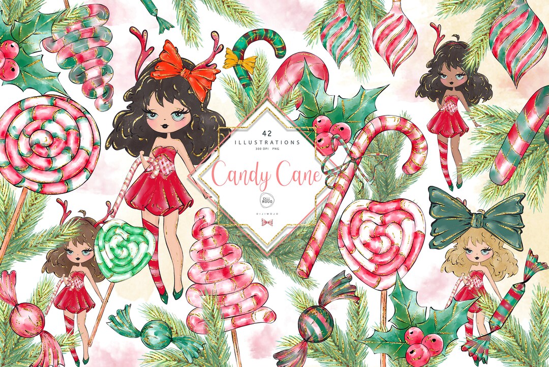 Candy Cane Christmas Girl Clipart, Pink Holiday Printable, Merry ...