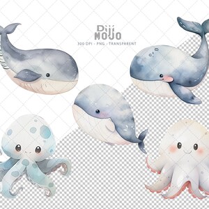 Sea Animals Watercolor Clipart, Baby Shower, Ocean Animals, Octopus ...