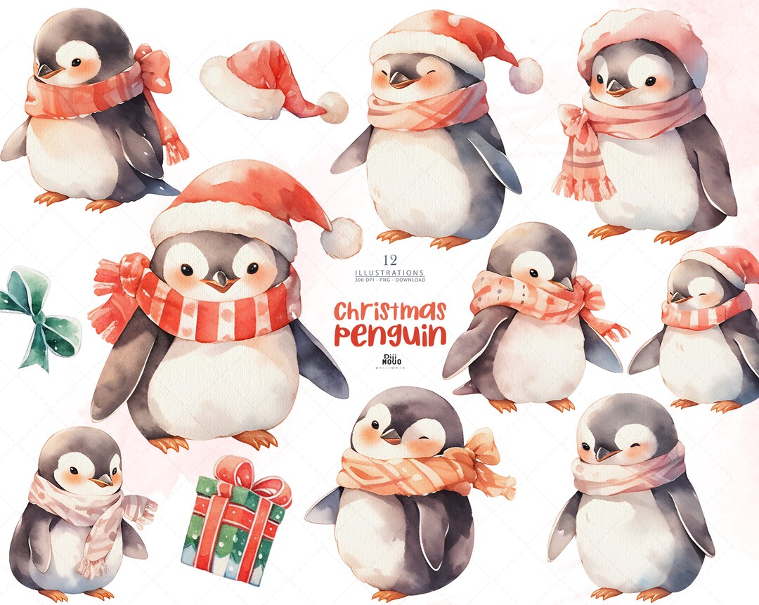 Christmas Penguin Clipart, Baby Penguin Png, Watercolor Winter Holiday ...