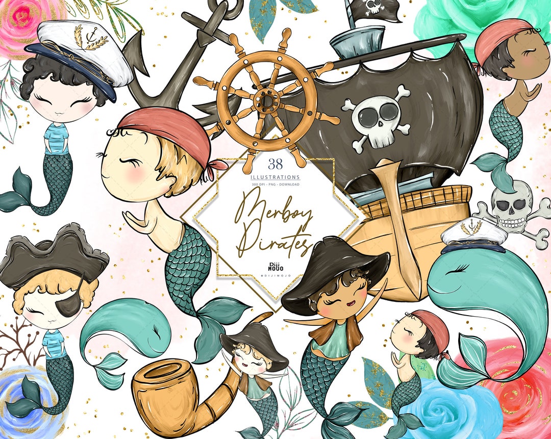 Cute Pirate Merboy Clipart | Black, Blonde, Brown Mermaid Boys ...