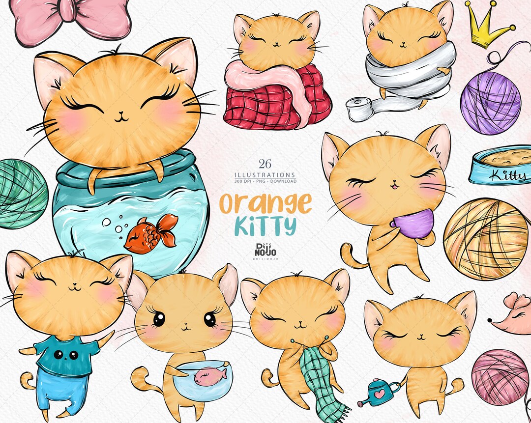 Cute Cat Clipart Pack | Orange Cats, Kawaii Kitty Illustrations for ...