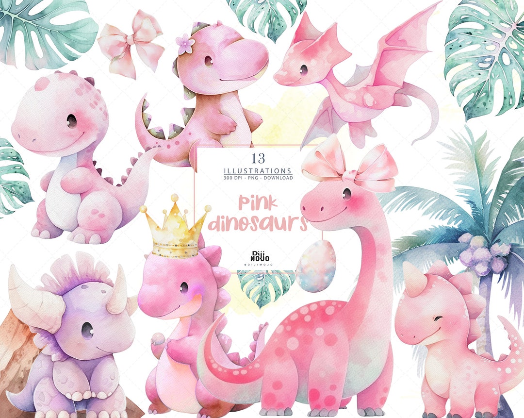 Baby Girl Dinosaur Clipart: Watercolor Pink Dino Art (PNG) - Etsy