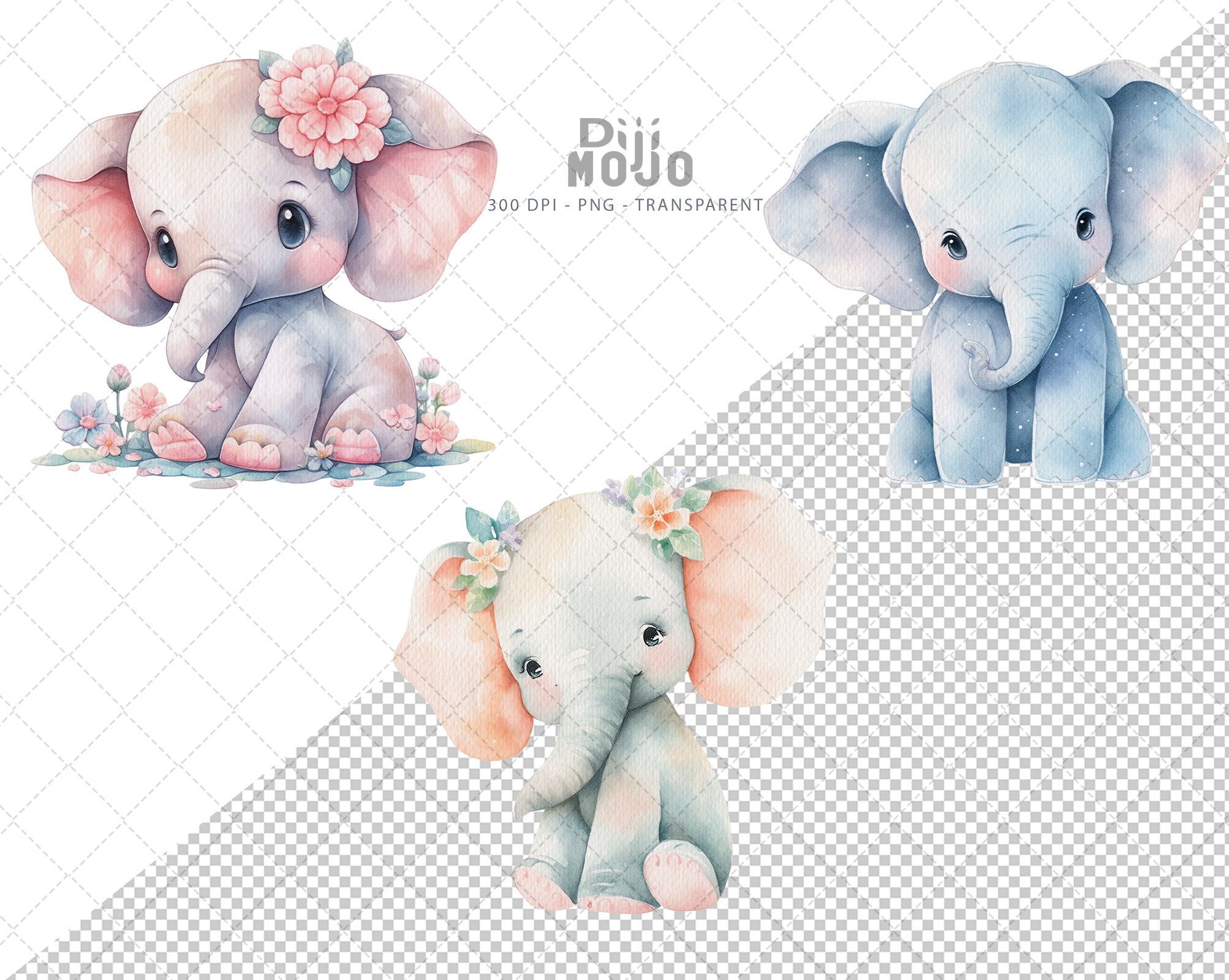 Boho Baby Elephant Clipart Floral Crown Watercolor Nursery - Etsy UK