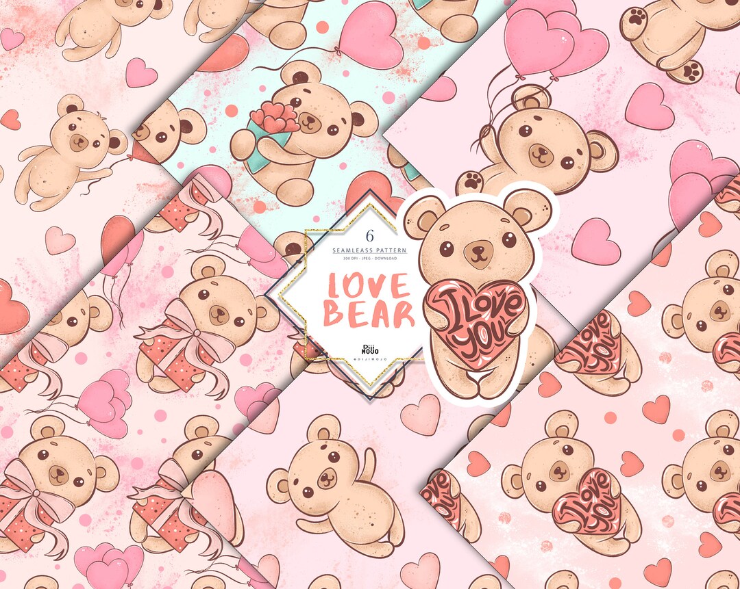 Teddy Bear Valentines Day Seamleass Pattern Love Digital Paper - Etsy
