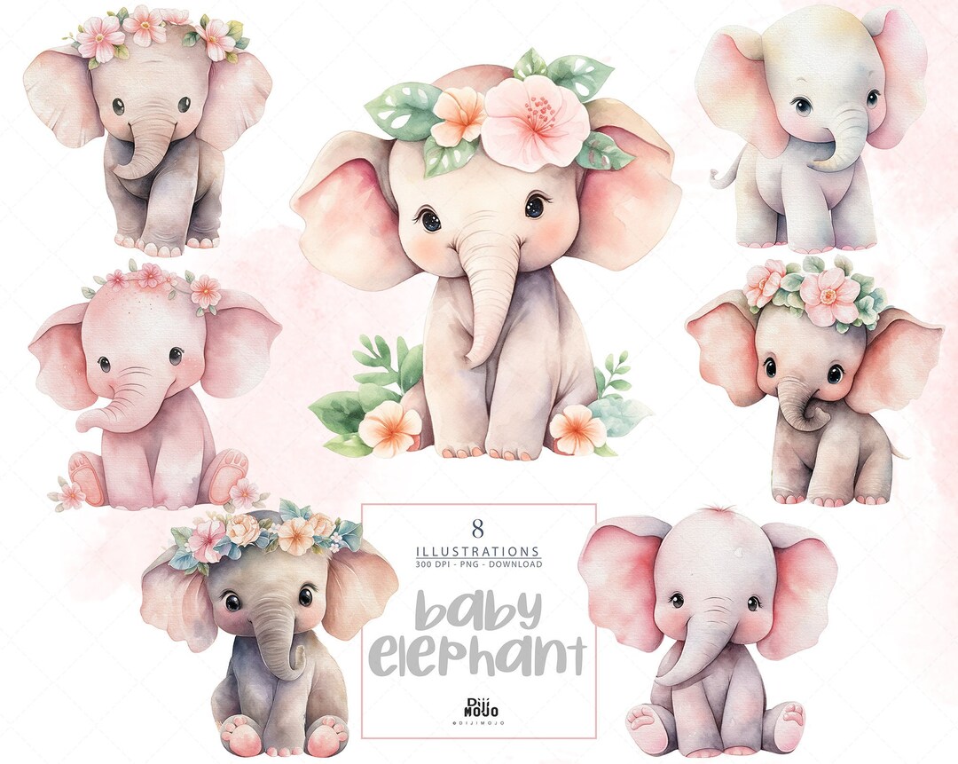 Baby Elephant Watercolor Clipart, Boho Baby Shower, Cute Little Animal ...