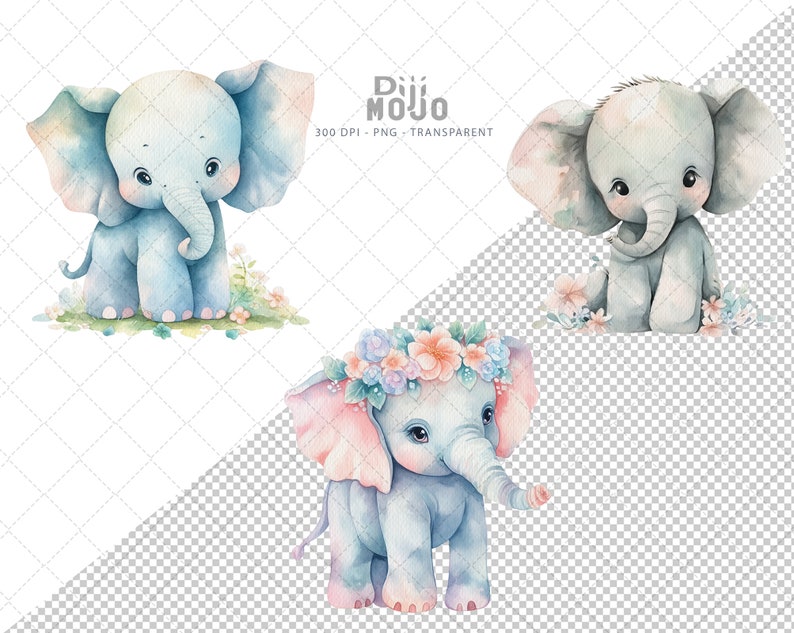 Boho Baby Elephant Clipart Floral Crown Watercolor Nursery - Etsy