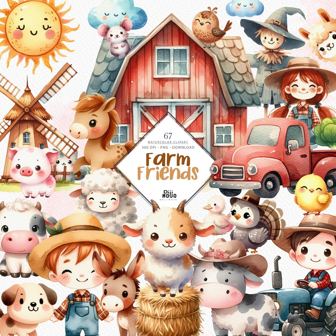 Watercolor Farm Animal Clipart Bundle: Barn, Tractor, Farmhouse Nursery ...