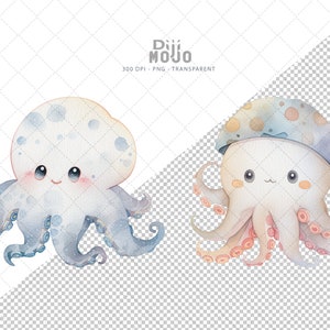 Cute Baby Octopus Clipart, Watercolor Ocean Animals, Sea Creatures ...