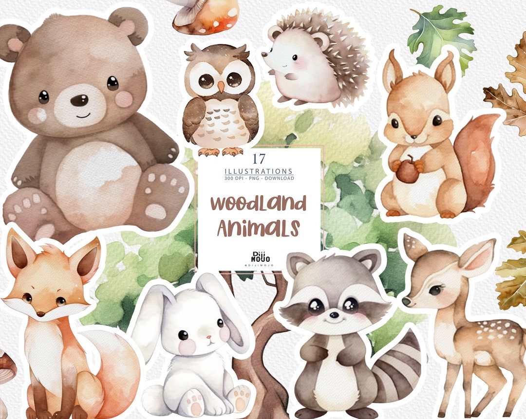 Watercolor Woodland Animals Clipart: Bear, Fox, Deer (PNG Digital ...