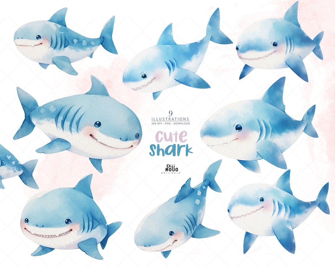 Cute Watercolor Shark Clipart, Ocean, Cute Sea Animals, Baby Boy ...