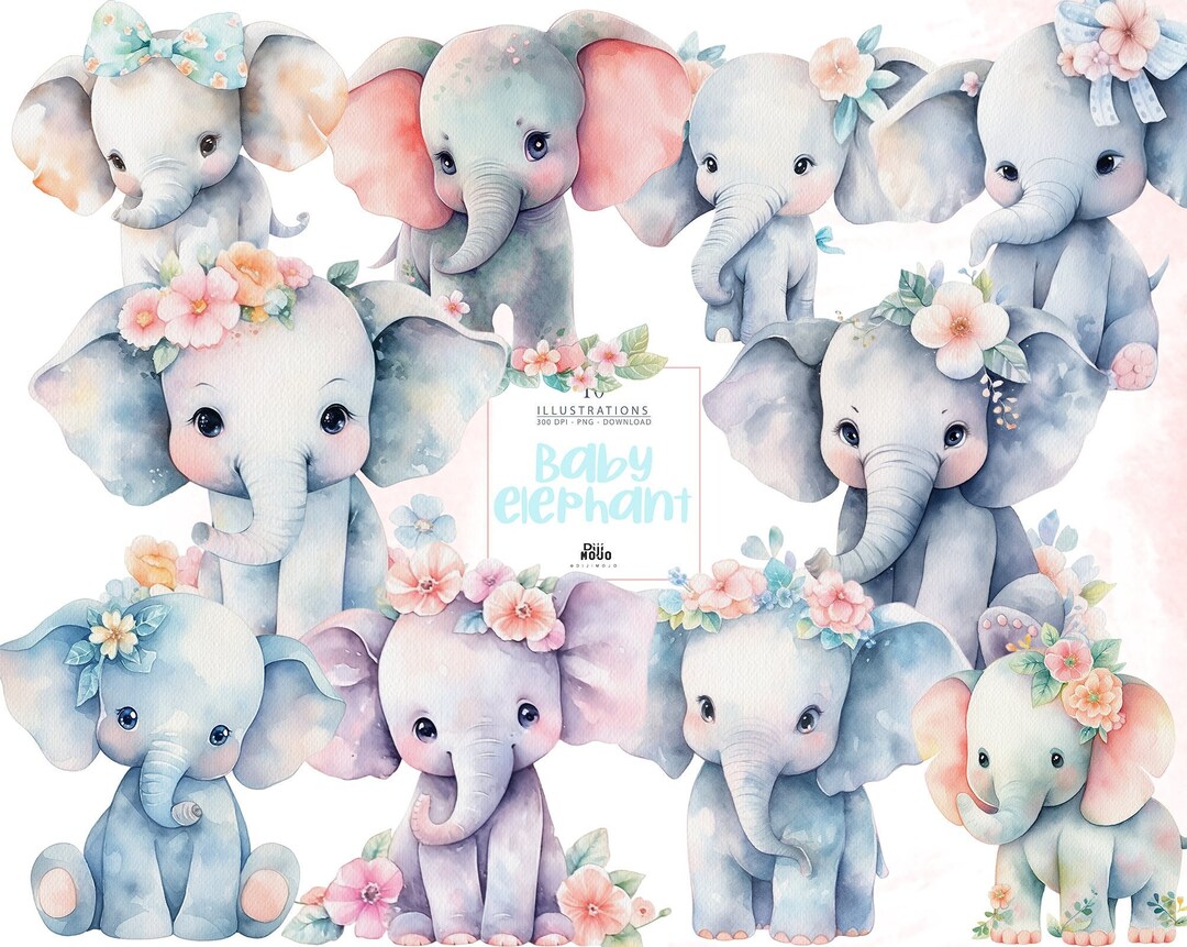 Boho Baby Elephant Clipart, Floral Crown, Watercolor Nursery Art, Baby ...