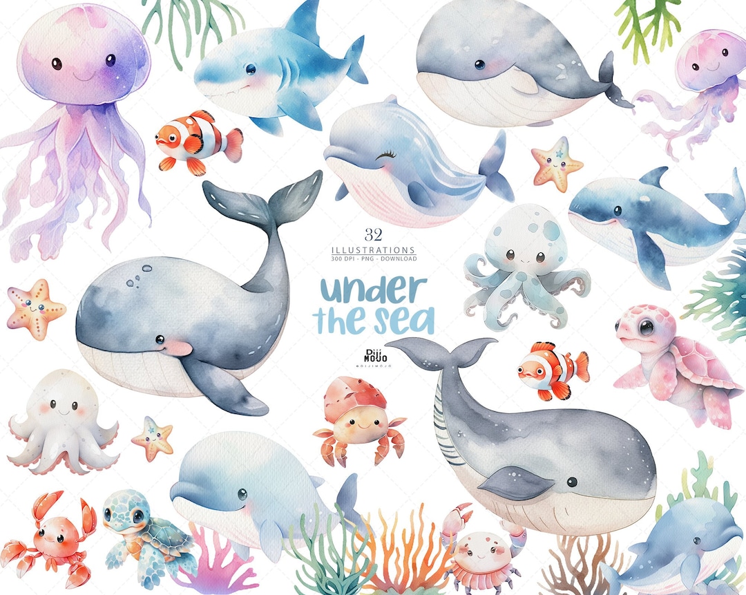 Sea Animals Watercolor Clipart, Baby Shower, Ocean Animals, Octopus ...