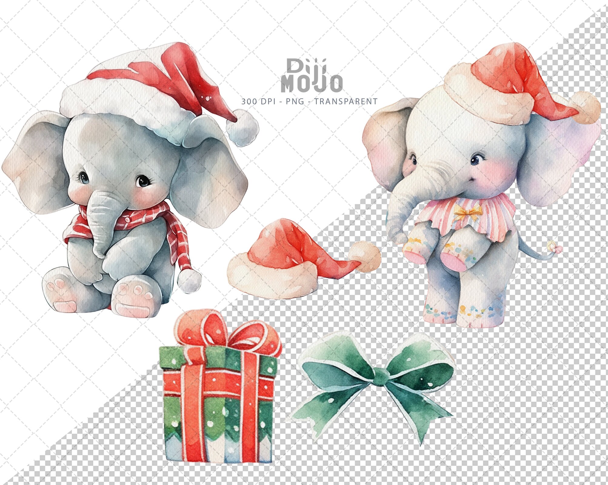 Christmas Baby Elephant Clipart Watercolor Nursery Art PNG - Etsy