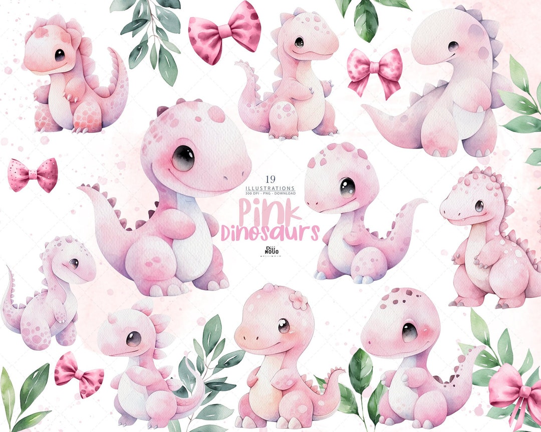 Pink Girl Dinosaurs Watercolor Clipart, Cute Baby Dino PNG, Dinosaur ...