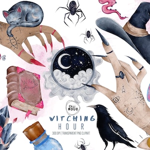 Watercolor Witching Hour Clipart, Witch Hand PNG, Halloween Witchcraft ...