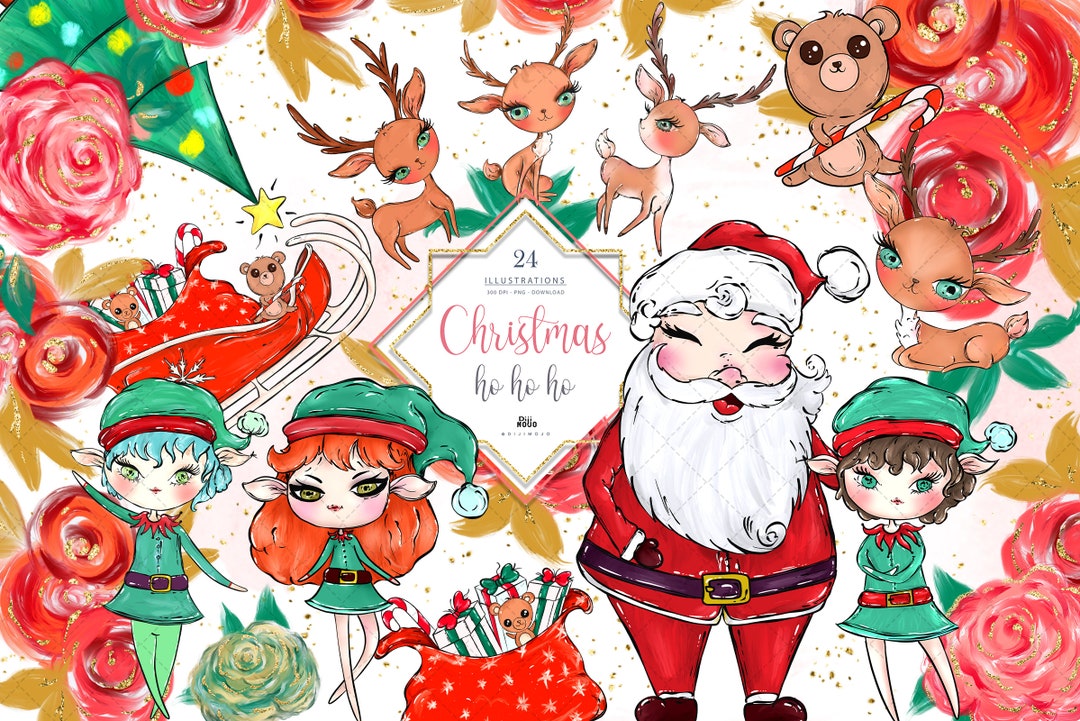 Christmas Clipart Set Santa, Elf, and Reindeer Illustrations for Crafts ...