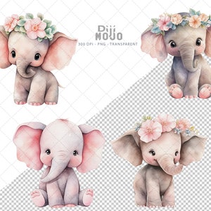 Baby Elephant Watercolor Clipart, Boho Baby Shower, Cute Little Animal ...