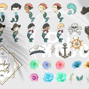 Cute Pirate Merboy Clipart | Black, Blonde, Brown Mermaid Boys ...