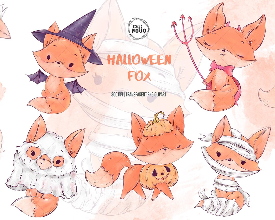 Halloween Fox Clipart, Witch Fox Costume, Mummy Fox Stickers, Hand ...