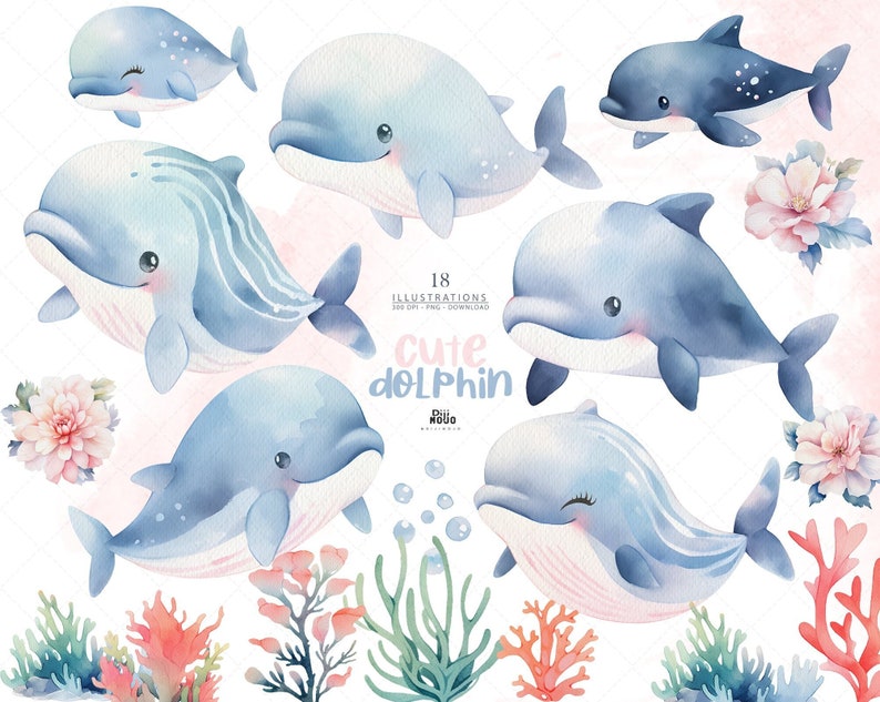 Baby Dolphin Clipart Watercolor Undersea Animals Cute Sea - Etsy