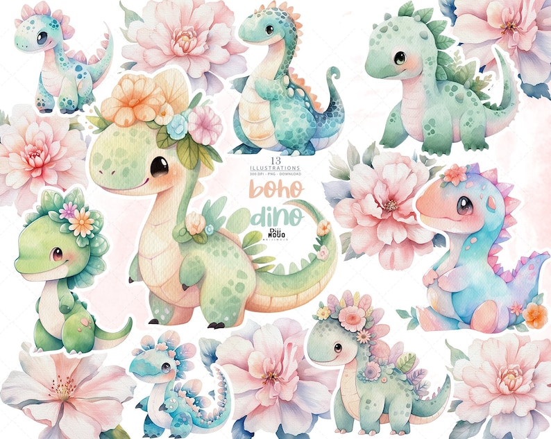 Boho Baby Dinosaur Clipart Watercolor Nursery Art Cute - Etsy