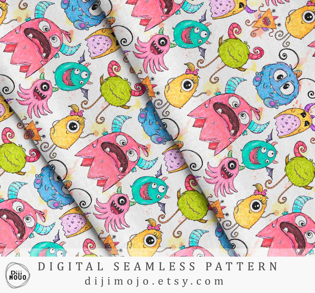 Cute Monster Digital Papers - Seamless Kids Pattern, Fun Scrapbook ...