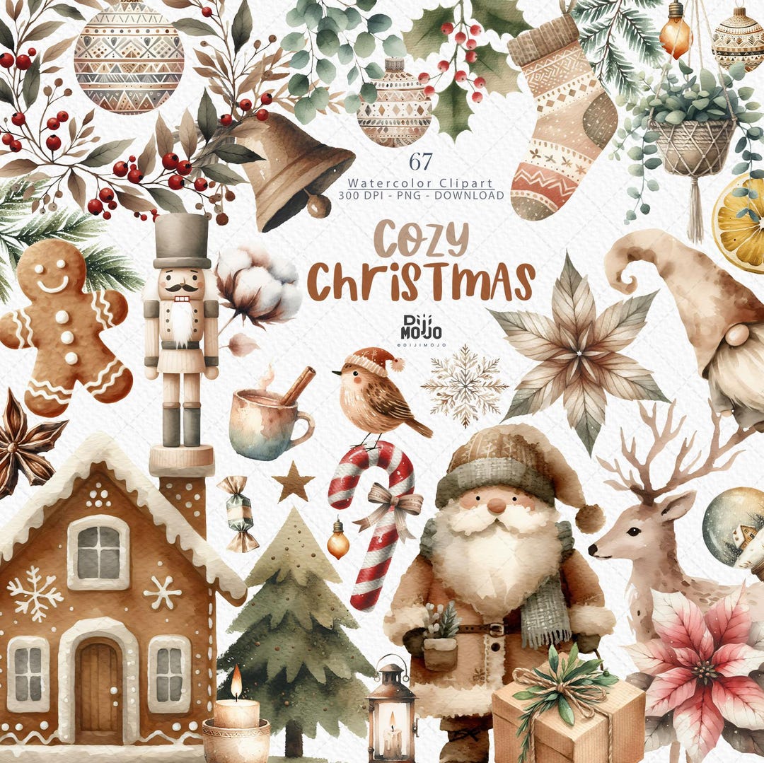 Cozy Christmas Watercolor Clipart Set: Boho Holiday PNG (digital ...